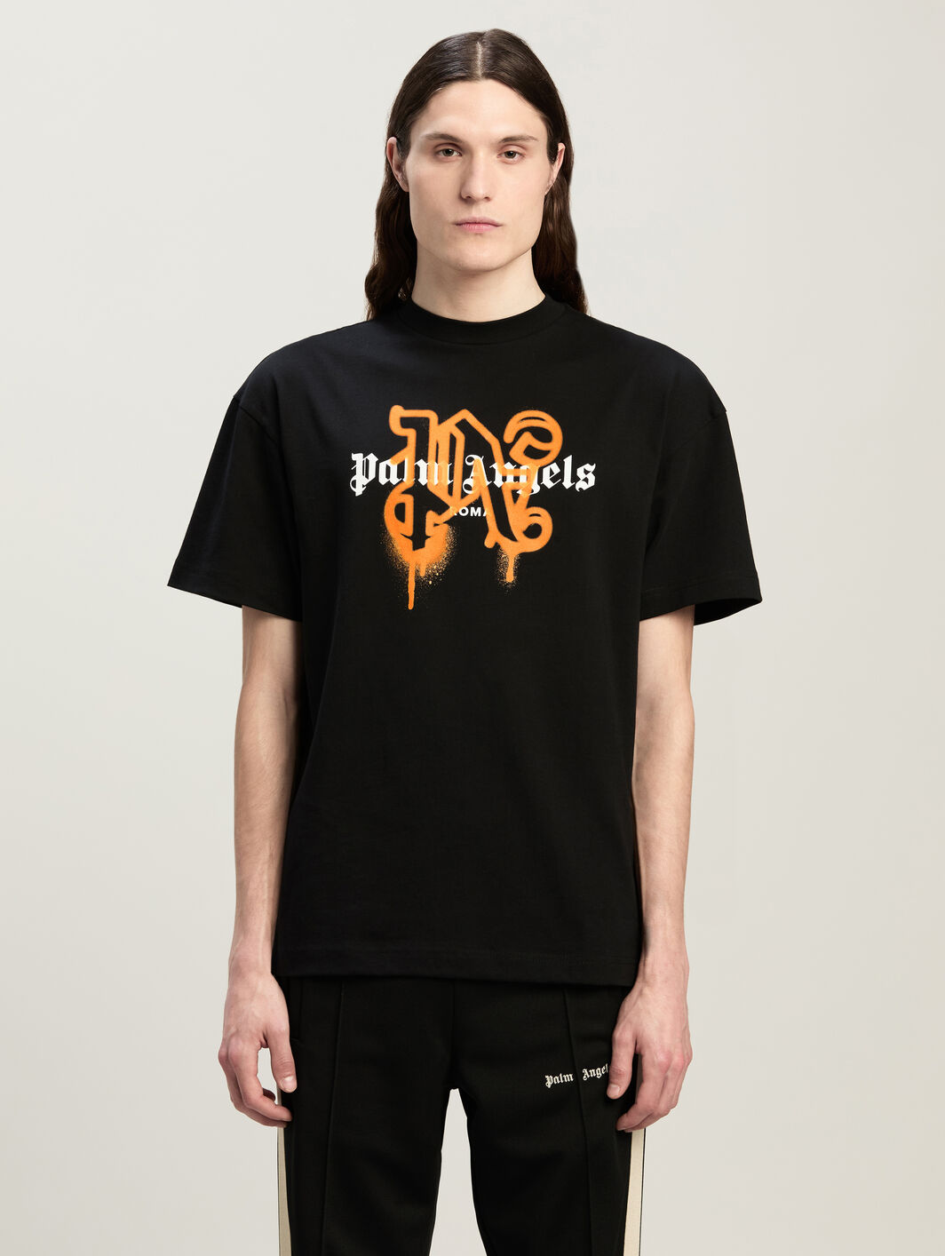 Roma Monogram Spray Tee in BLACK ORANGE for Men | Palm Angels®